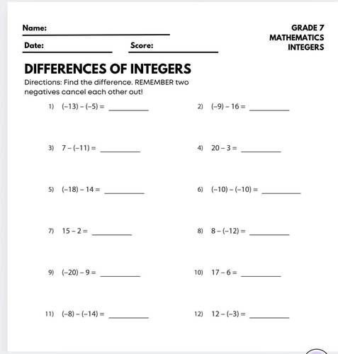 Differences of Integers Practice Worksheet (7th Grade) | TPT