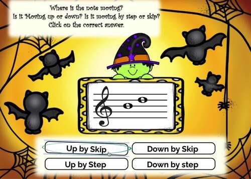 Halloween - Skip / Step on the staff Digital Task Cards on Boom Cards™
