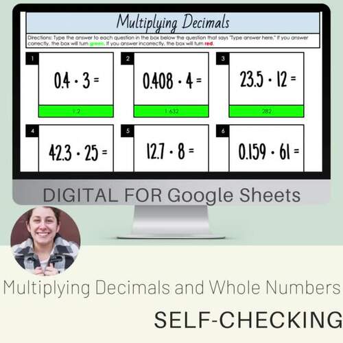 Multiplying Decimals and Whole Numbers - Self Checking Worksheet
