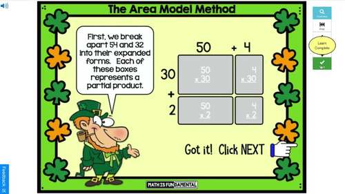 Area Model | Multiplying 2 x 2 Digits | Boom™ Cards | St. Patrick's Day