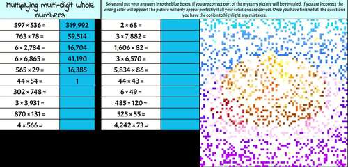 Multiplying Multi-Digit Whole Numbers Pixel Art by Pick Up and Go Resources