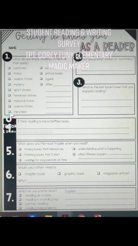 Beginning of the Year Reading and Writing Interest Survey or Inventory