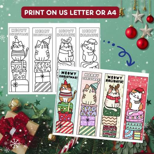 Printable Christmas Cat Coloring Bookmarks | Meowy No Prep Winter Activity