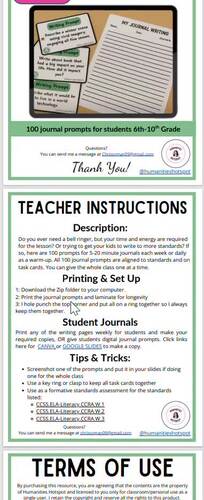 100 Daily Writing Prompts Task Cards + Journal Pages Bell Ringers