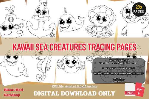 Kawaii Sea Creatures Tracing Pages | Fine Motor & Pre-Writing Practice