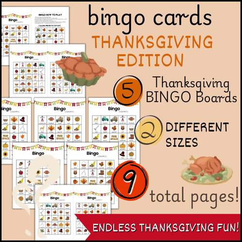 Thanksgiving Bingo Game – 5 Cards + Calling Pieces & Instructions + 2 Sizes