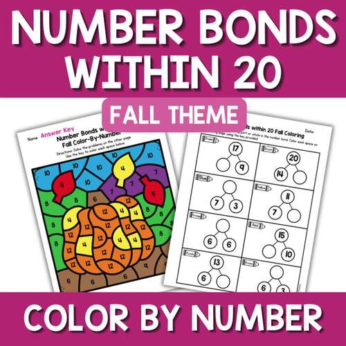 Fall Number Bonds to 20 Color by Number Code Math Center Part Part Whole
