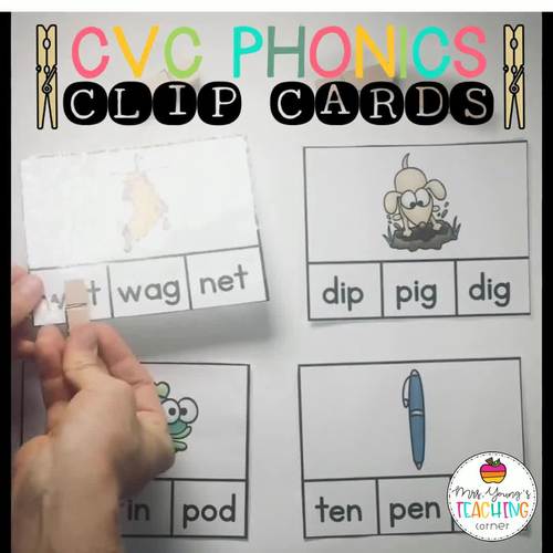Literacy Centers: CVC Clip Cards (Includes short vowel sounds - a,e,i,o,u)