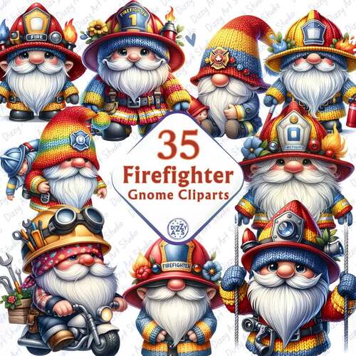Watercolor Firefighter Gnomes PNG, Fireman Gnomes Clipart, Fire Truck Arts