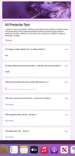 Spanish Preterite Tense Self-correcting Google Forms Activities or Tests