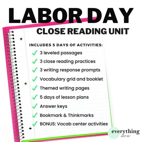 Labor Day Reading Comprehension & Writing Activities Unit for September