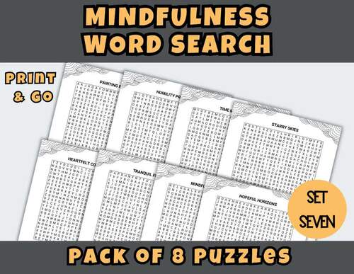 SEL Mindfulness Word Search Printable Activities Stress Relief Puzzle Set 7
