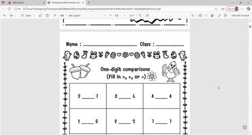 Thanksgiving Math Activity Compare and Order Numbers 1–3 Digit Practice