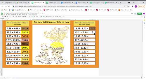 Lion Silhouette Decimal Addition and Subtraction Pixel Art Mystery Reveal