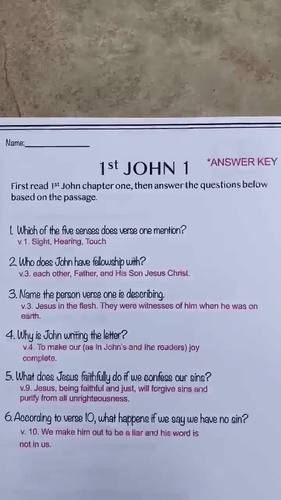 1st John Bible Bell Ringer Comprehension Questions by Bible Lesson Plans