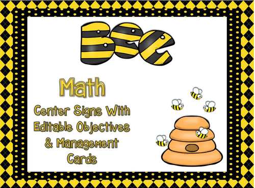 Bee Themed Math Center Signs With Editable Objectives | Center Posters