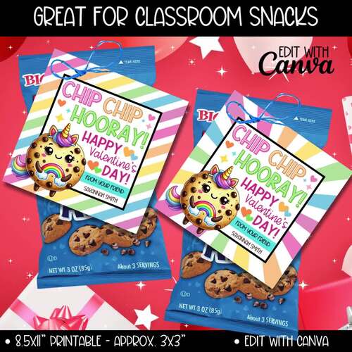 Rainbow Valentine's Day Chip Cookie Card, Class Treat Tags, Gift from ...