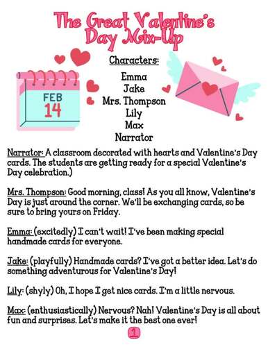 Valentines Reader's Theater Grade 6 Fluency February Fun Center ELA Reading