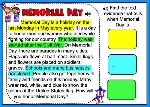 Memorial Day Finding Citing Text Evidence Reading Boom Cards Task with ...