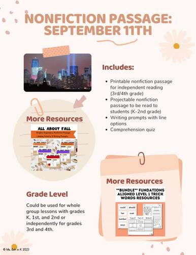September 11th (Nonfiction Passage, Writing Prompts, & Comprehension ...