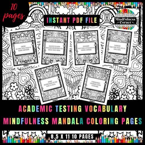 Academic Testing Vocabulary, Mindset and Mindfulness Mandala Coloring Pages