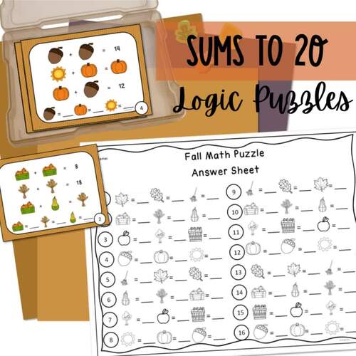 Fall Math Logic Puzzles Addition Sums to 20 Task Cards 1st 2nd Grade GT