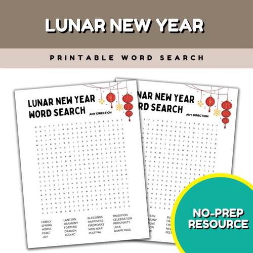 Lunar New Year Word Search, Chinese New Year 2026 Activity, Grades 3–8