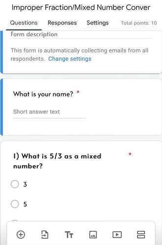 Converting Improper Fractions and Mixed Numbers Practice Google Form
