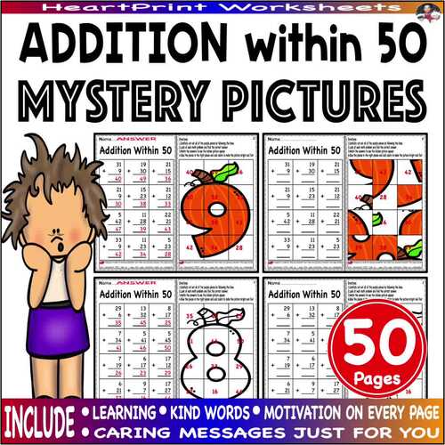 Addition within 50 with Regrouping Mystery Pictures fun worksheets ...