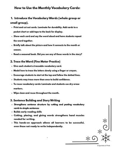 Seasonal January Word Work | Traceable Vocabulary & Sentence Building