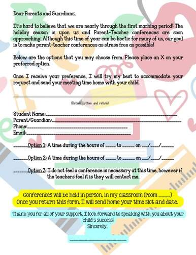 Parent Teacher Conference Letter Form Printable Meeting Fall Winter K-12