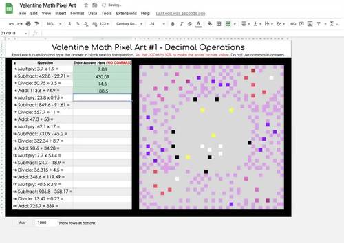 5th Grade Decimal Operations - Valentine Digital Pixel Art - GOOGLE SHEETS