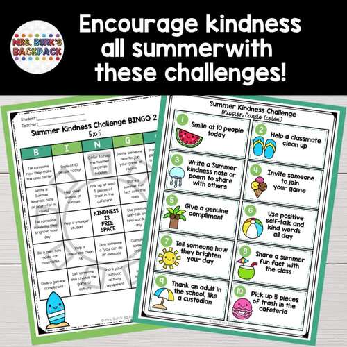 SUMMER Kindness Bingo, Challenges & Activities with Task Cards ...