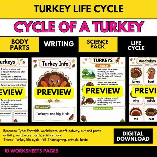 Life Cycle of a Turkey Craft Worksheet | Cut and Paste Coloring Vocabulary