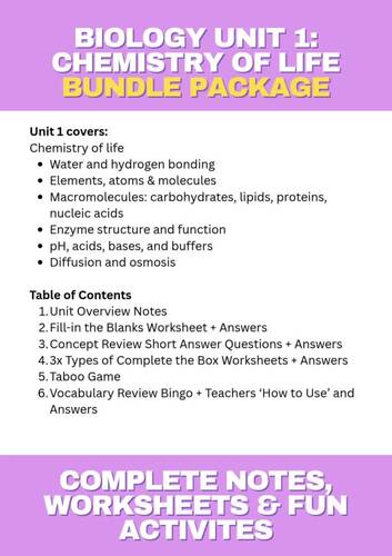 BUY AP BIOLOGY UNIT 1 CHEMISTRY OF LIFE NOTES, WORKSHEETS + GAMES ...