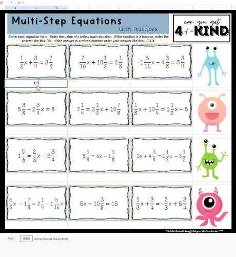 Solving Multi-Step Equations with Rational Numbers (Fractions) Digital ...
