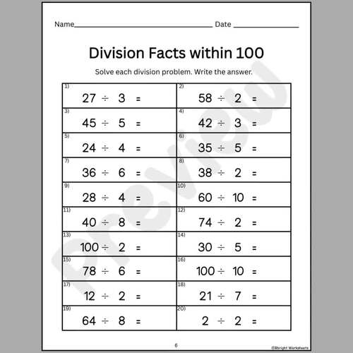 Division Facts Within 100 | Mixed Division Worksheets for Grade 3 | No Prep