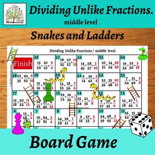 Dividing Fractions Snakes and Ladders Maths Board Dice Game middle level