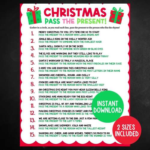 Classroom Christmas Game, Printable Christmas Pass The Present, Gift ...