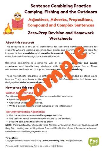 Sentence Combining Zero-Prep Outdoors Camping Fishing Grammar Review ...