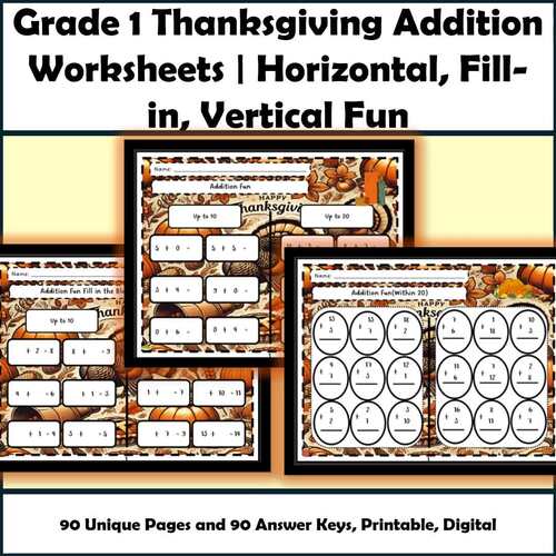Grade 1 Thanksgiving Math Addition Missing Addend Find the Sum Within ...