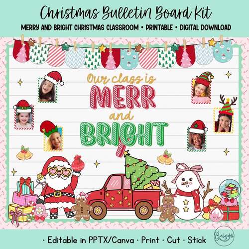 Christmas Bulletin Board Kit: Merry and Bright | Editable PPT Canva