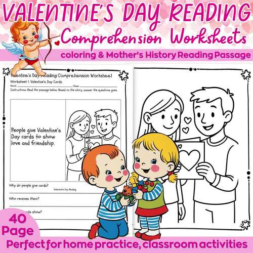 Valentine’s Day Reading Comprehension Worksheets with Cute Coloring Pages