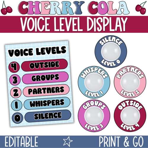 Editable Voice Level Posters, Retro Cherry Bows Push Lights Noise Level ...