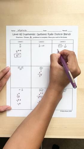 Exponent Rules Quotient Rule Worksheet Choice Board for Algebra 1