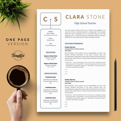 Clean Teacher Resume - Clara Stone / Teacher CV for MS Word & iWork Pages