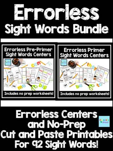 Errorless Pre Primer and Primer Sight Words Centers and Worksheets Bundle
