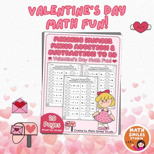 Valentine Missing Number Mixed Addition & Subtraction to 20 | Math ...