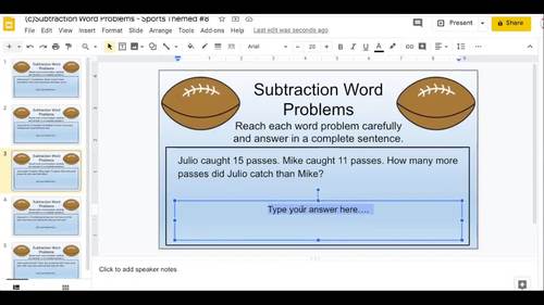 Subtraction Word Problems Worksheets & Google Slides™ - Sports Themed
