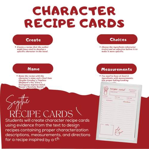 Scythe Character Analysis Recipe Cards w/editable Google Slides Rubric